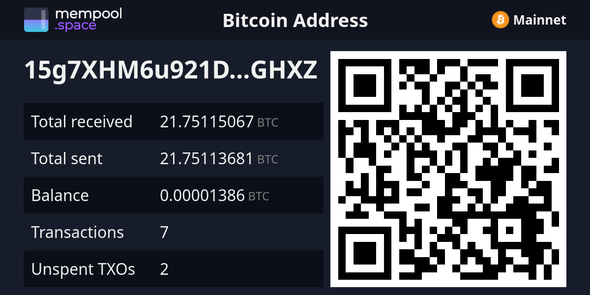 Address: 15g7XHM6u921DvvPrgguxYkxDL8ruPGHXZ - mempool - Bitcoin Explorer