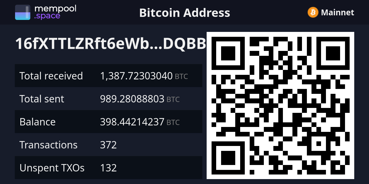 Address: 16fXTTLZRft6eWb32zSihvGXSgZ6QmDQBB - mempool - Bitcoin Explorer