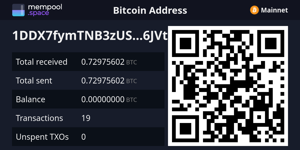 Address: 1DDX7fymTNB3zUSTckZb6SCWtxmxZe6JVt - mempool - Bitcoin Explorer
