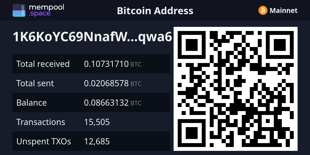 Address: 1K6KoYC69NnafWJ7YgtrpwJxBLiijWqwa6 - mempool - Bitcoin Explorer
