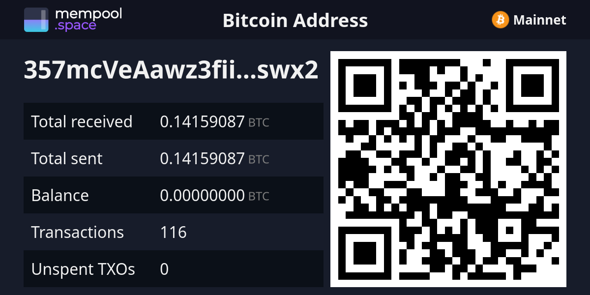 Address: 357mcVeAawz3fiiEH3Zjds3cab5fBLswx2 - mempool - Bitcoin Explorer