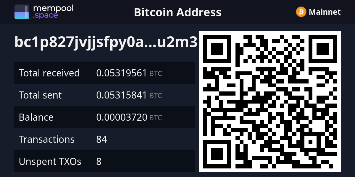 Address: bc1p827jvjjsfpy0ajz2q7fqpmnmp6sn2zp6emq0crksjm4a7eak3fls76u2m3 - mempool - Bitcoin Explorer