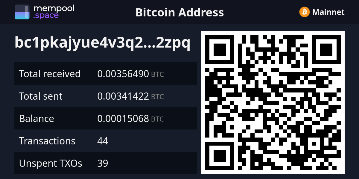 Address: bc1pkajyue4v3q2me02meqkye2f07v90p99w90c8axj00d49qs2aqd6ql82zpq ...