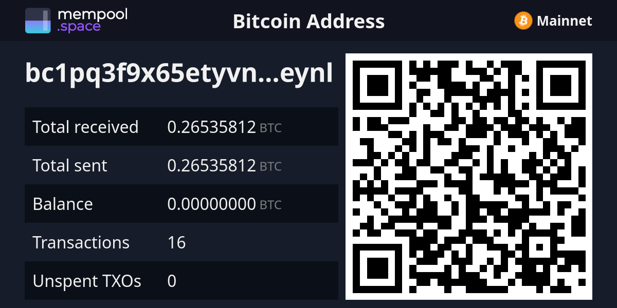 Address: bc1pq3f9x65etyvnkyun06kl7n57uxwdwzmn00a8w398tunw5rzm5ldq7qeynl - mempool - Bitcoin Explorer