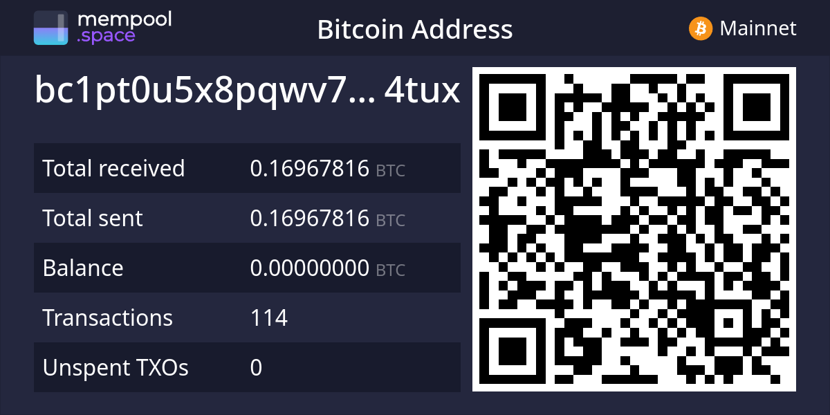 Address: bc1pt0u5x8pqwv7cyk7prafxu6eapd6jd45cg6zzn80mhuqv073myw7qv44tux - mempool - Bitcoin Explorer