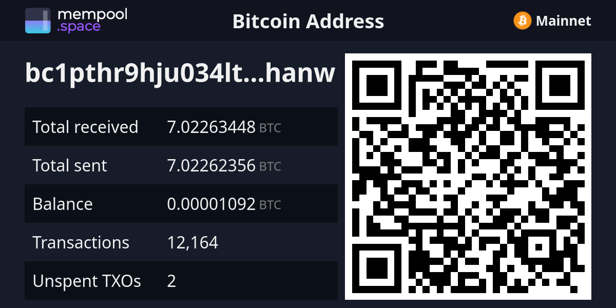 Address: bc1pthr9hju034ltxtf8pr76f9jag3umrmyld680tvwnrm685w0v68eqq0hanw - mempool - Bitcoin Explorer
