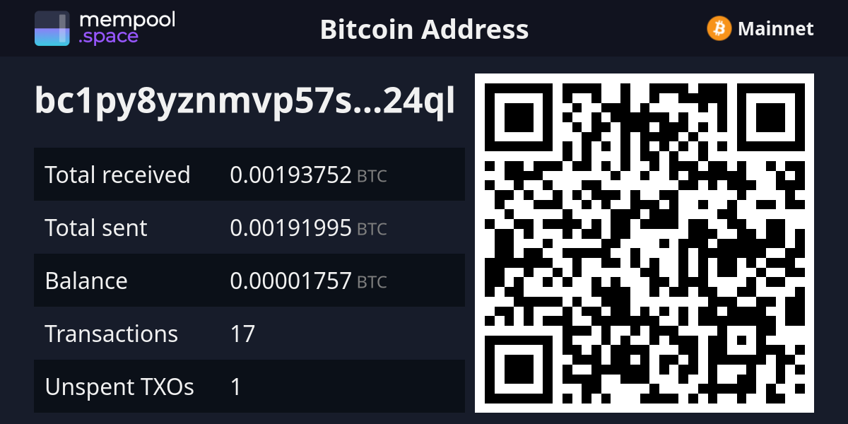Address: bc1py8yznmvp57shkmyh2n7kte4fp6nelgh8627wgknzn3g65wpf83vsq024ql - mempool - Bitcoin Explorer