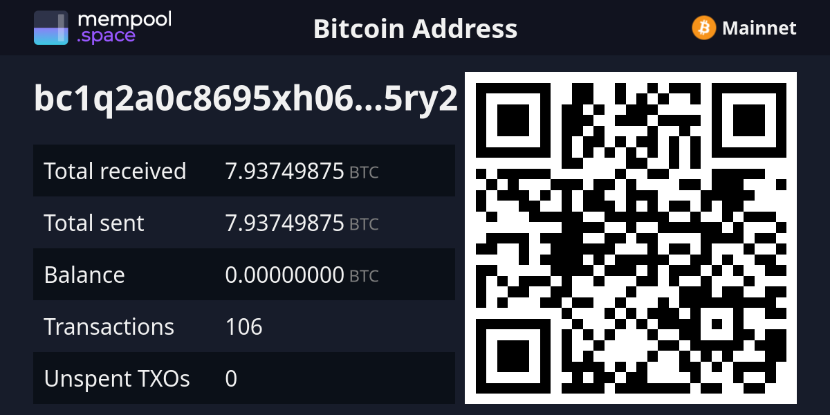 Address: bc1q2a0c8695xh06mnrre9g0tlak50nkw79dkc5ry2 - mempool - Bitcoin Explorer