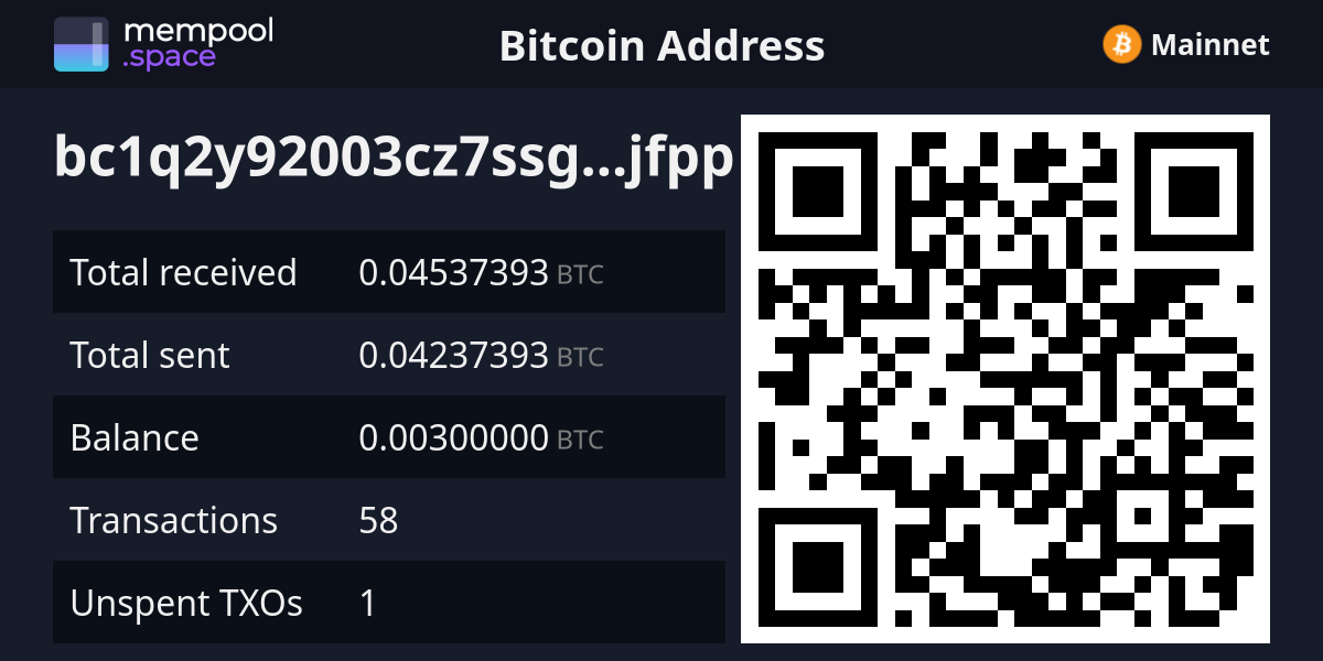 Address: bc1q2y92003cz7ssg45s8g78x2h8j4ke9nvmj0jfpp - mempool - Bitcoin Explorer