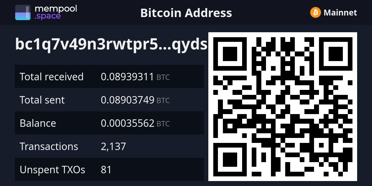Address: bc1q7v49n3rwtpr52gf7esu4lel0e035x85eu5qyds - mempool - Bitcoin Explorer