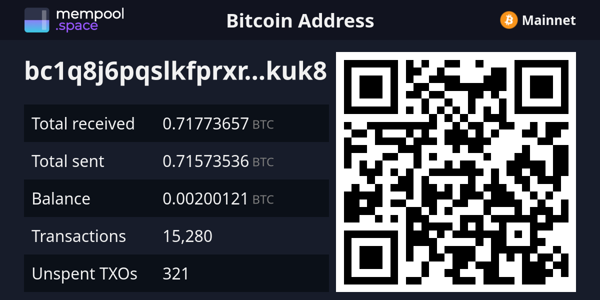 Address: bc1q8j6pqslkfprxrfnyylt6y72yr5ea0yjng3kuk8 - mempool - Bitcoin Explorer