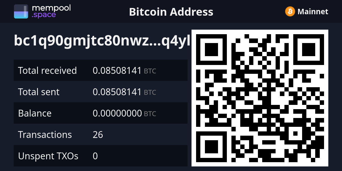 Address: bc1q90gmjtc80nwzhjp24taxzu2cw53wuw8ac8q4yl - mempool - Bitcoin Explorer