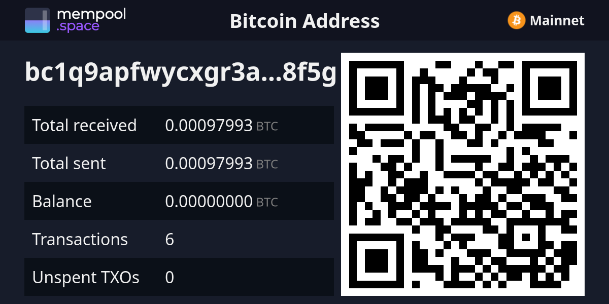 Address: bc1q9apfwycxgr3amc6t50rhqrzmffr7nsyray8f5g - mempool - Bitcoin Explorer