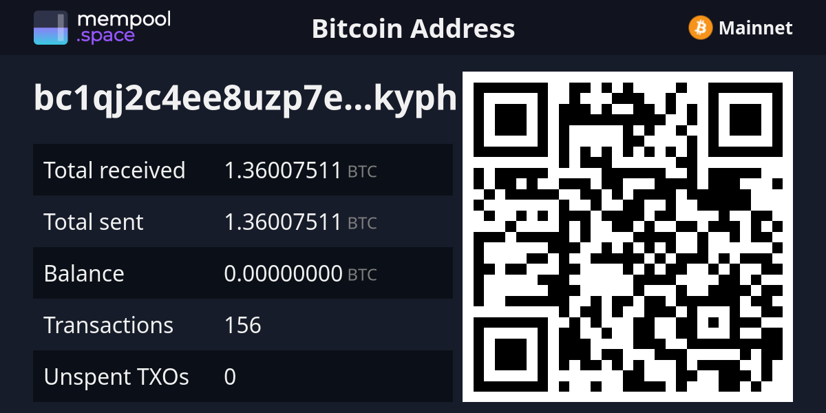Address: bc1qj2c4ee8uzp7euj8aw40uj2cmmp5yga2t6tkyph - mempool - Bitcoin Explorer
