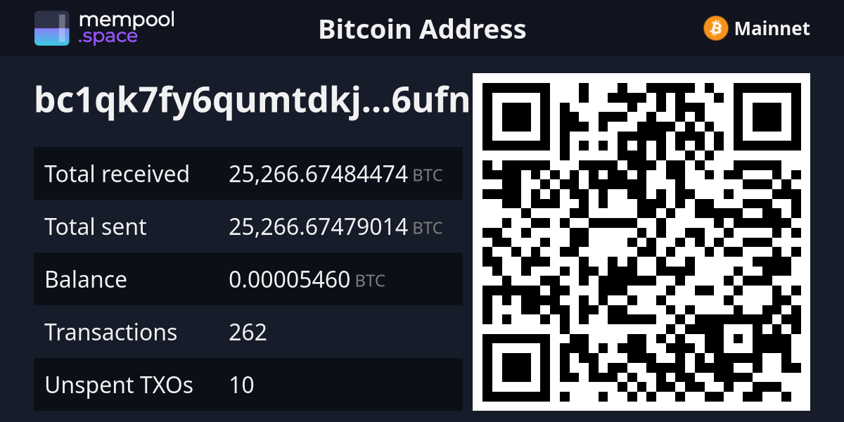 Address: bc1qk7fy6qumtdkjy765ujxqxe0my55ake0zefa2dmt6sjx2sr098d8qf26ufn ...