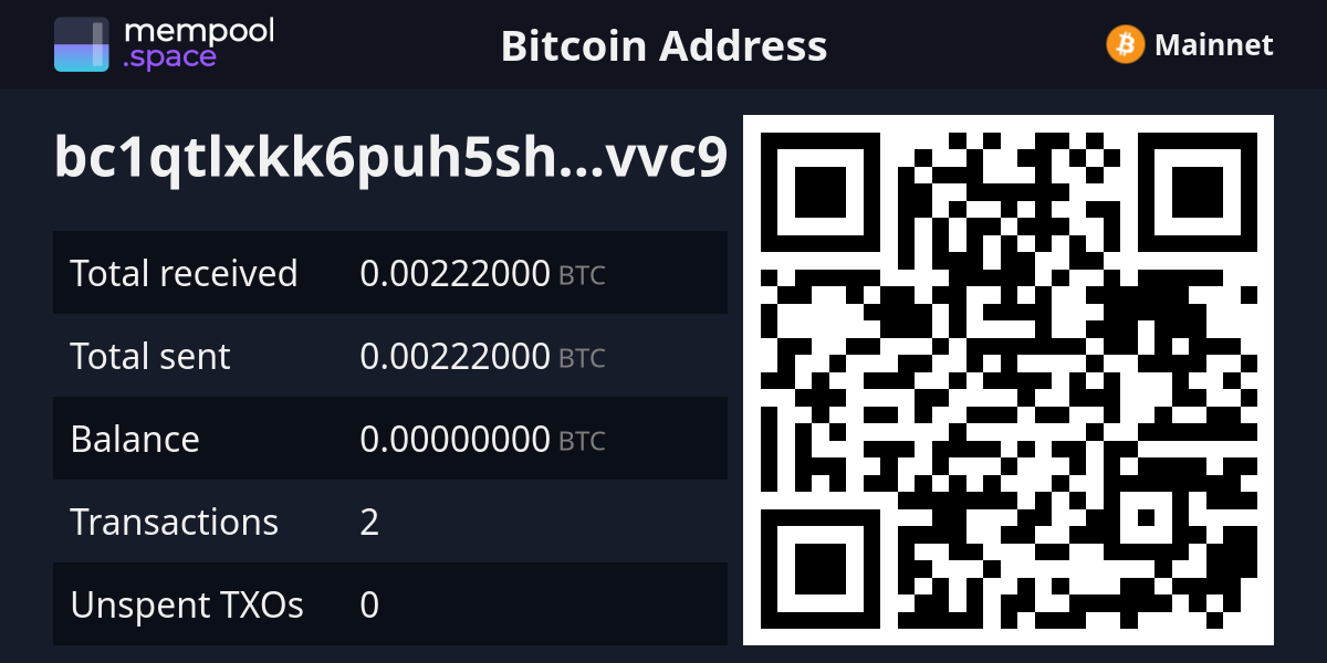 Address: bc1qtlxkk6puh5sh0e77sc9vu0rdv89j97awhsvvc9 - mempool - Bitcoin ...